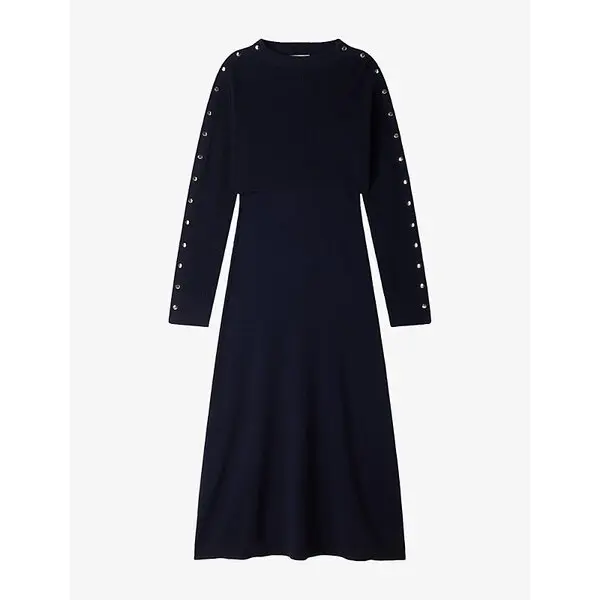 Sandro Embellished Two-in-one Wool And Cashmere-blend Maxi Dress - Navy Blue