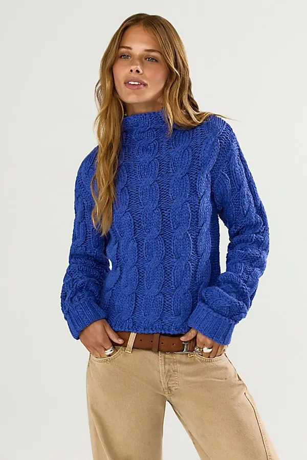Free People Simone Cable Knit Pullover At - Blue Laser