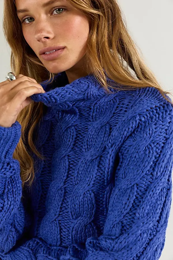 Free People Simone Cable Knit Pullover At - Blue Laser