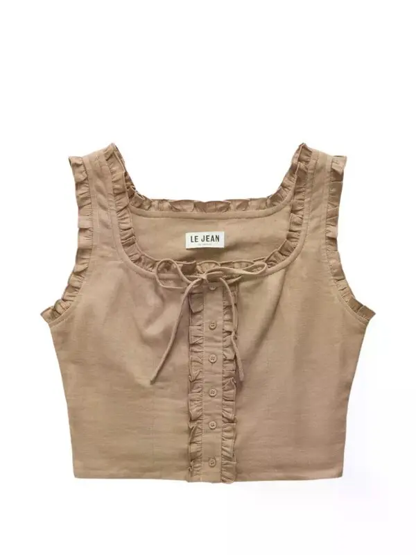 LE JEAN Ruffled-trim Linen Crop Top
