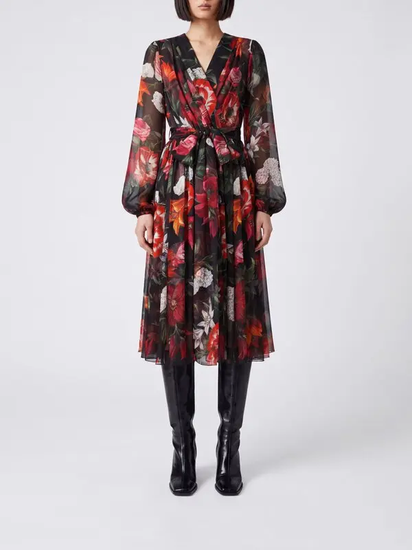 Dolce & Gabbana Floral Midi Silk Dress With Balloon Sleeves