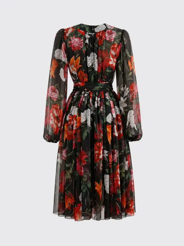 Dolce & Gabbana Floral Midi Silk Dress With Balloon Sleeves