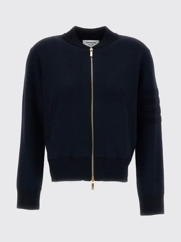 Thom Browne Virgin Wool And Linen Blend Bomber Jacket With Zip Closure - Blue