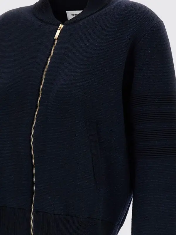 Thom Browne Virgin Wool And Linen Blend Bomber Jacket With Zip Closure - Blue