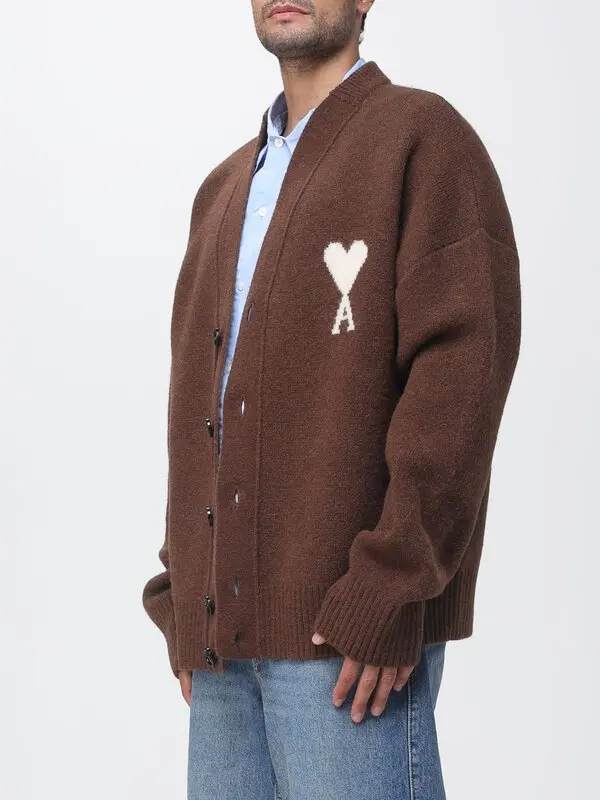 AMI Paris Alpaca Wool V-neck Cardigan With Jacquard Logo - Brown