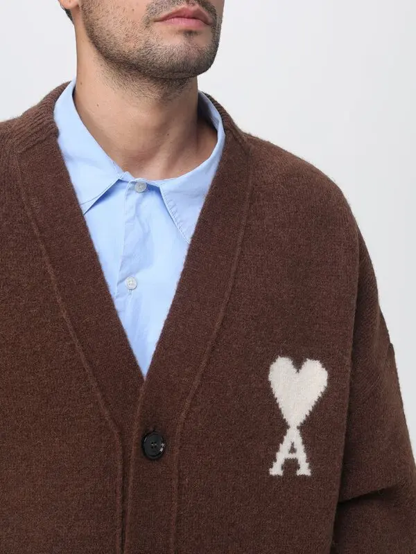AMI Paris Alpaca Wool V-neck Cardigan With Jacquard Logo - Brown