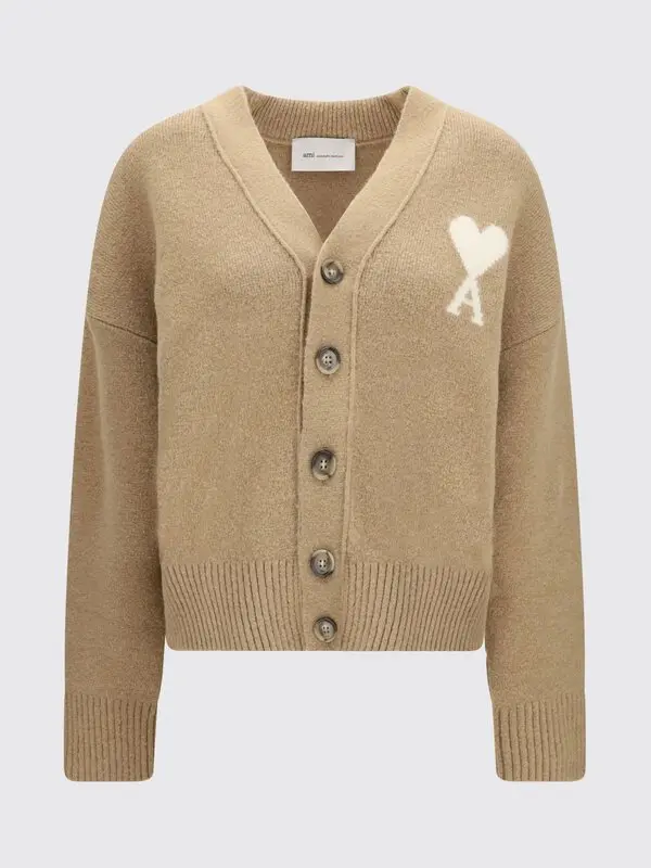 AMI Paris Alpaca Wool V-neck Cardigan With Jacquard Logo - Sand