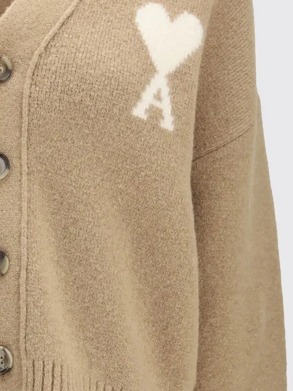 AMI Paris Alpaca Wool V-neck Cardigan With Jacquard Logo - Sand