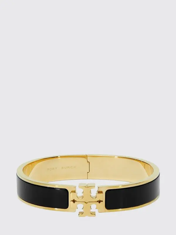 Tory Burch Kira Enameled Brass Bangle With Double T Logo - Black