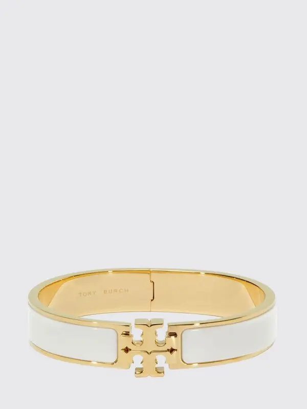 Tory Burch Kira Enameled Brass Bangle With Double T Logo - White