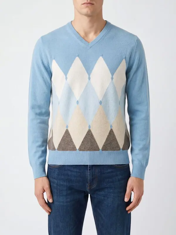 BALLANTYNE Argyle Pattern 100% Cashmere Crewneck Sweater - Blue