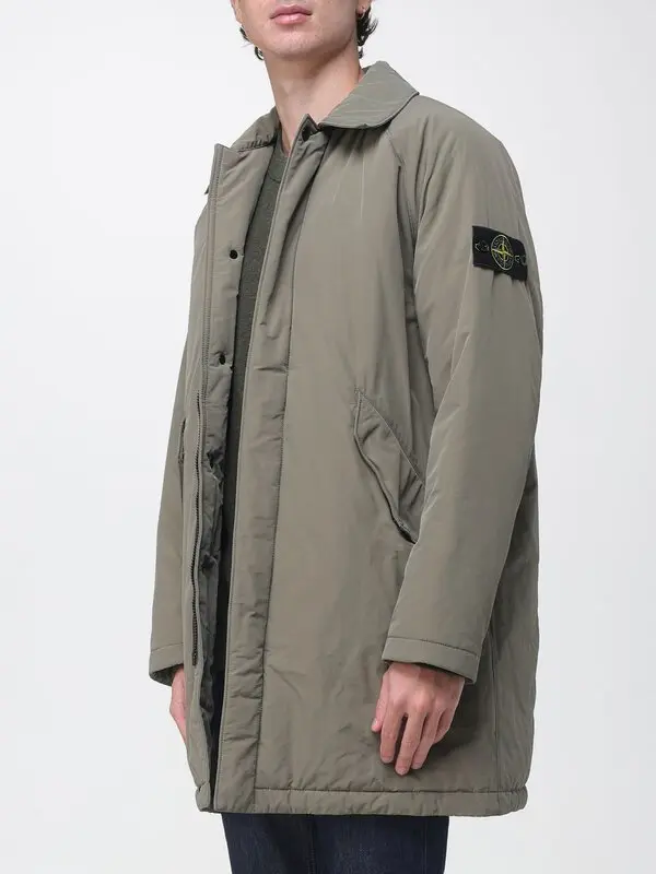 Stone Island Single-breasted Knee-length Trench Coat In Nylon With Logo Patch - Green