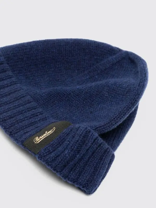 Borsalino Cashmere Beanie Hat With Cuffed Brim And Logo Patch - Navy