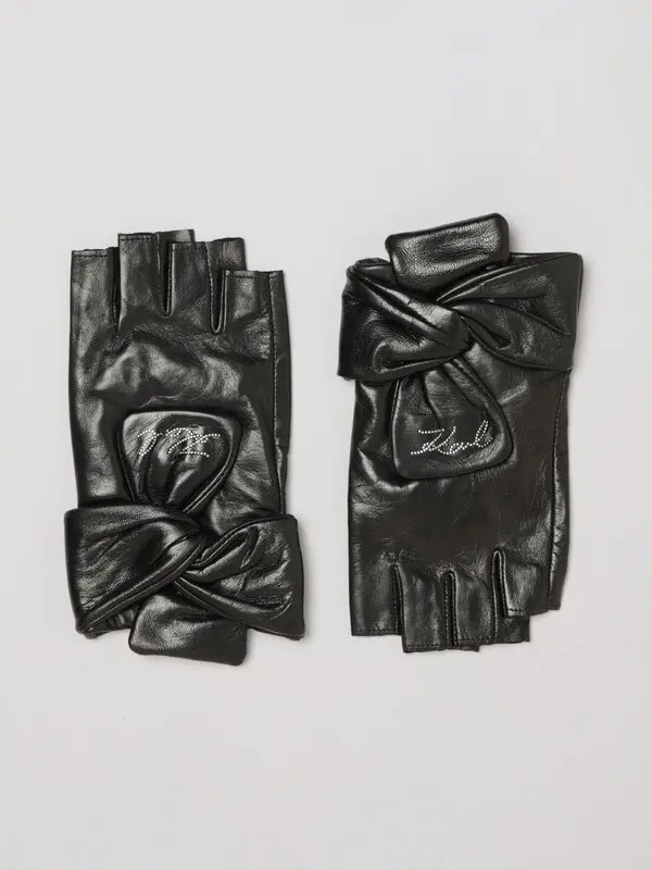 Karl Lagerfeld Smooth Goat Leather Gloves With Monogram And Bow - Black