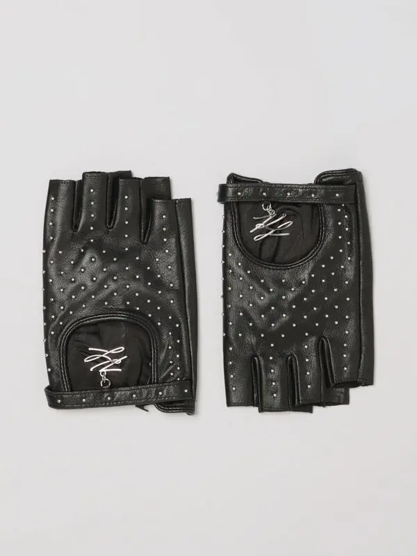 Karl Lagerfeld Goat Leather Gloves With Embroidered Monogram And Pearls - Black