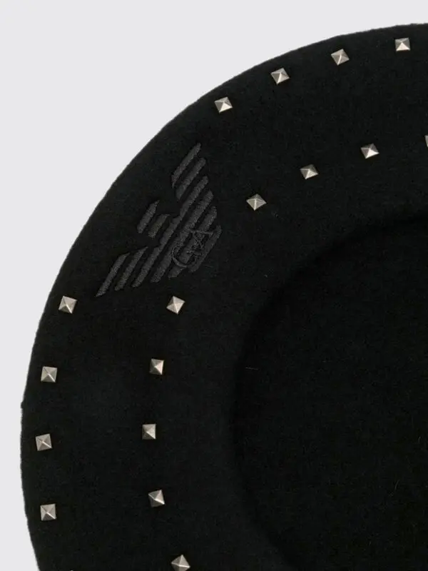 Emporio Armani Wool Beret With Embroidery And Studs - Black