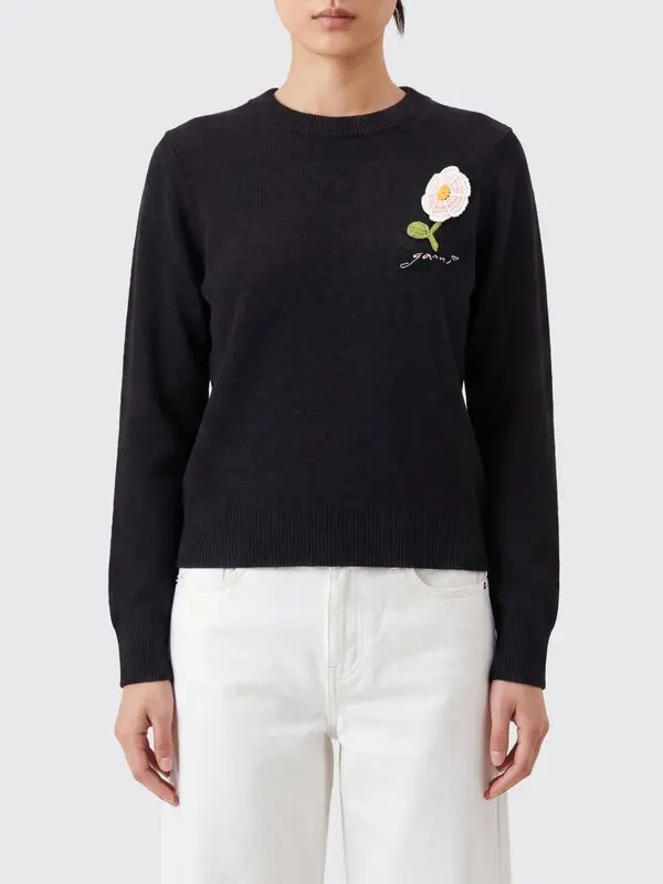 GANNI Crewneck Merino Wool Sweater With Decorative Macramé Lace Inserts