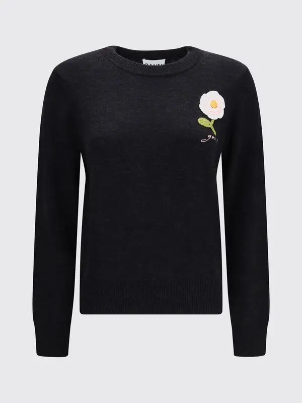 GANNI Crewneck Merino Wool Sweater With Decorative Macramé Lace Inserts