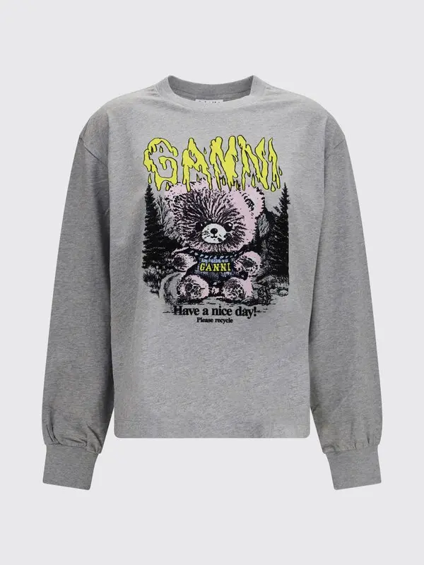 GANNI Long-sleeved T-shirt In Cotton With A Graffiti-style Teddy Bear Print
