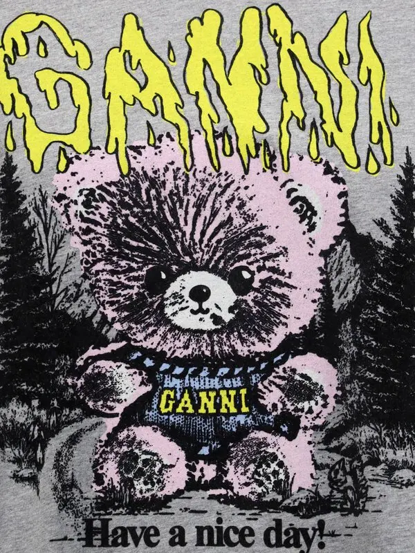 GANNI Long-sleeved T-shirt In Cotton With A Graffiti-style Teddy Bear Print