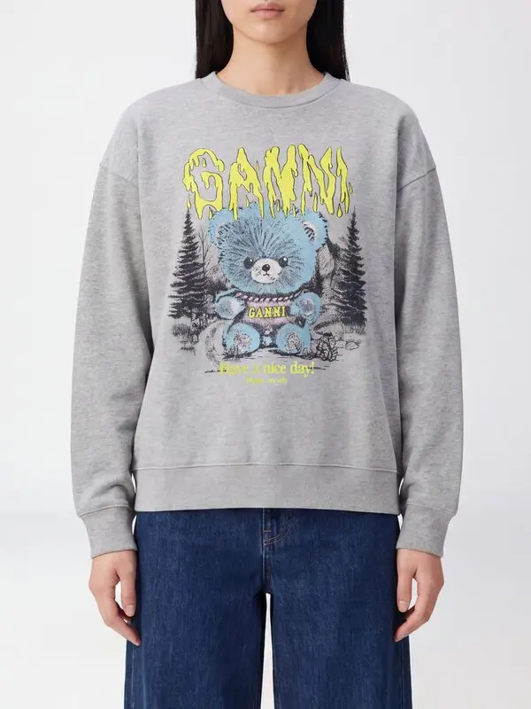 GANNI Crewneck Sweatshirt In Cotton With A Graffiti-style Teddy Bear Print