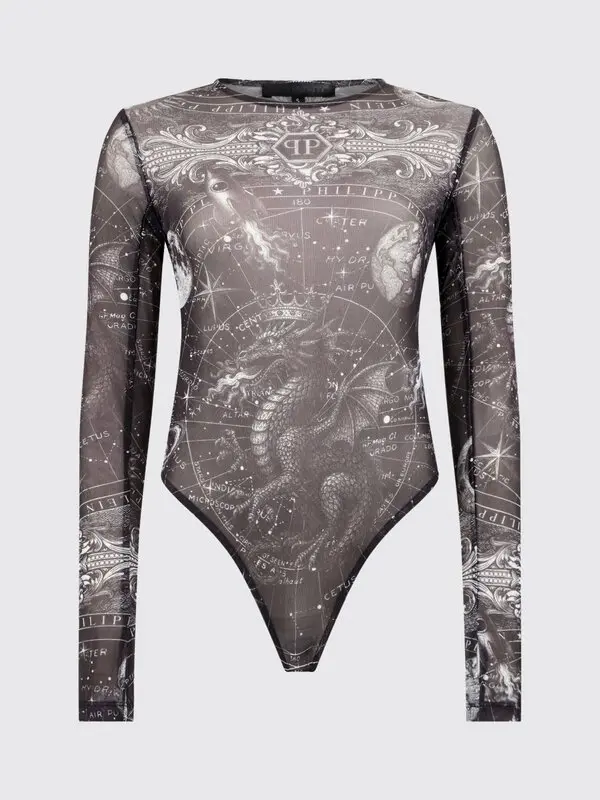 Philipp Plein Slim Fit Long-sleeved Graphic Print Jersey Bodysuit