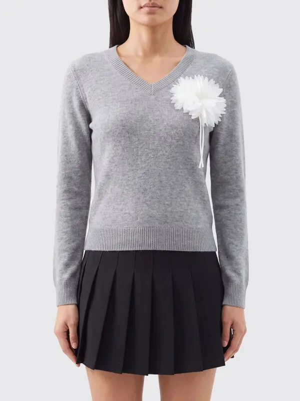 SELF-PORTRAIT V-neck Merino Wool Blend Sweater With Embroidered Flower