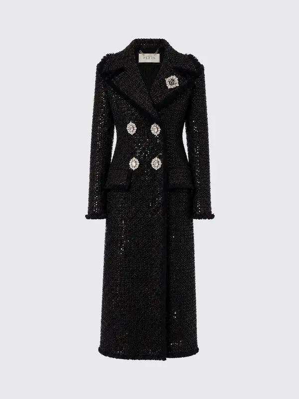 Philipp Plein Long Double-breasted Tweed Coat With Sequin Embroidery