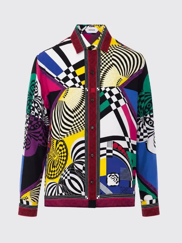 Versace Optical Print Pure Silk Shirt With French Collar