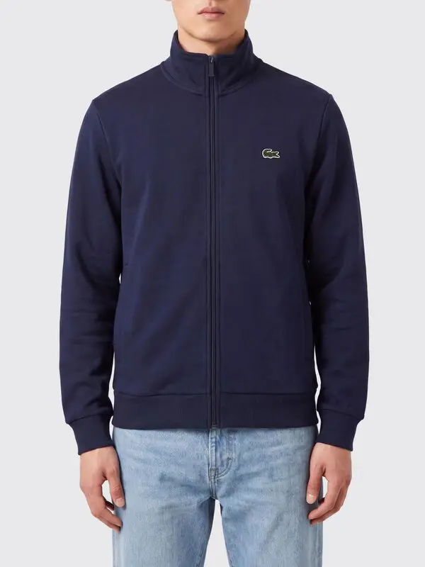 Lacoste Zip-up Cotton Blend Sweatshirt With Turtleneck And Logo Patch - Navy