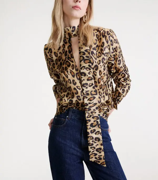Marella Silk Leopard Print Pussybow Blouse - Beige
