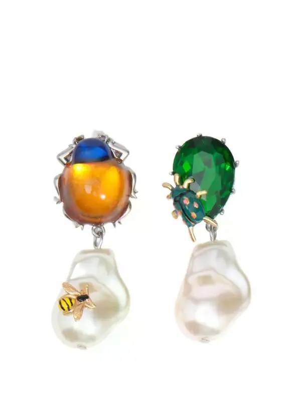 Bimba Y Lola Beetle Earrings With Amber, Crystals, And Pearls - Silver