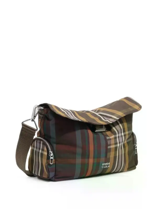 Bimba Y Lola Large Chocolate Green Tartan Pocket Flap Bag