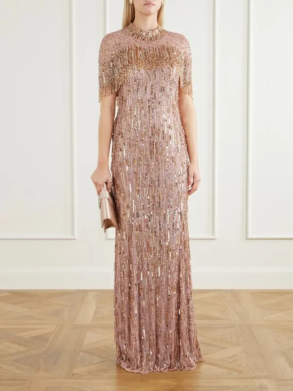Jenny Packham Leia Cape-detailed Sequin-embellished Gown