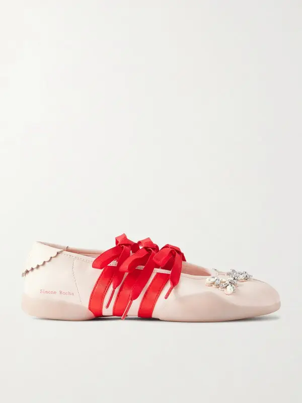 Simone Rocha Adidas Originals Taekwondo Ballerina Embellished Pleated Leather Flats - Pink