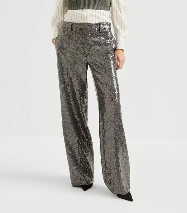 Brunello Cucinelli Virgin Wool Sequin Wide-leg Trousers