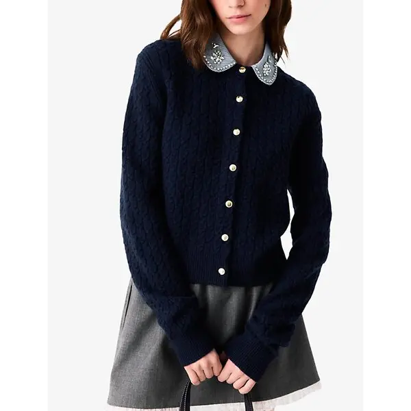 Maje Beaded-collar Button-down Wool And Cashmere Cardigan