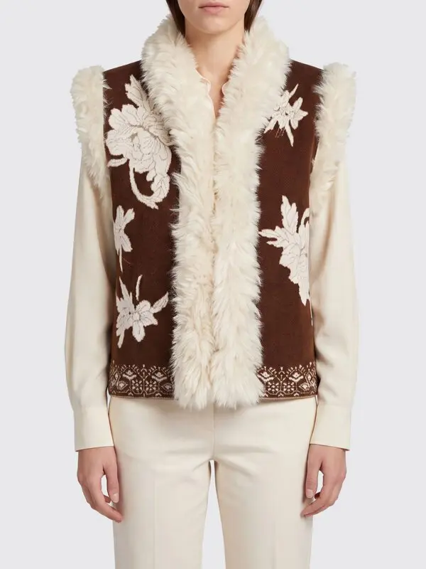 FORTE_FORTE Floral Embroidered Faux Fur Vest With Shawl Collar - Beige
