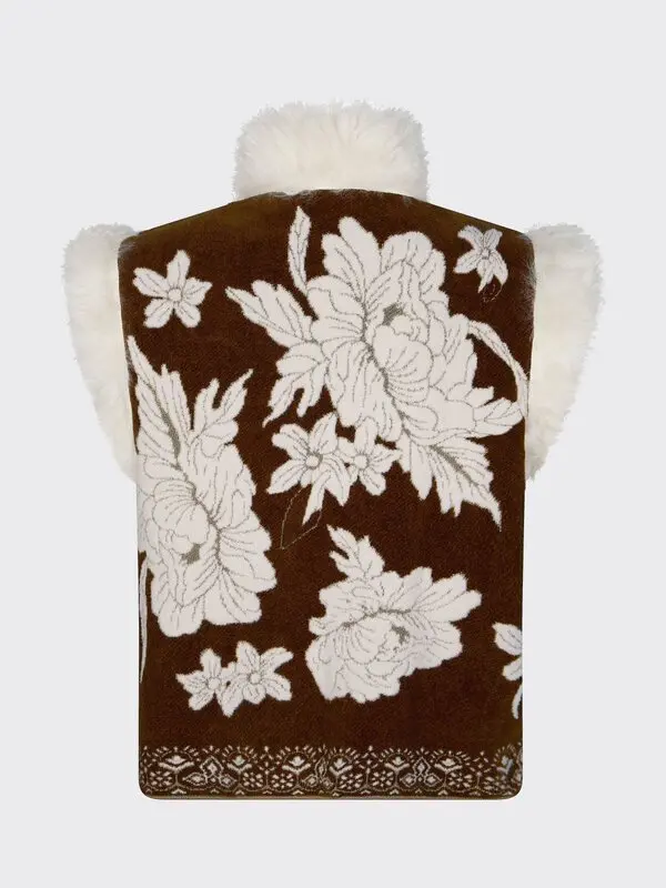 FORTE_FORTE Floral Embroidered Faux Fur Vest With Shawl Collar - Beige