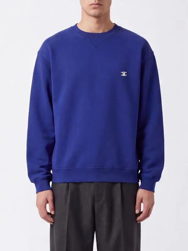 Celine Triomphe Logo Contrast-embroidered Cotton Crewneck Sweatshirt - Blue