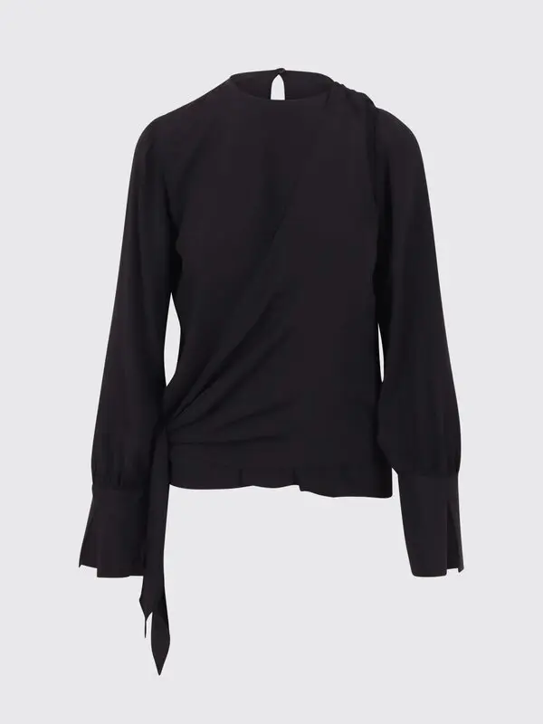 Federica Tosi Draped Viscose Blouse With Tie-waist Belt And Long Sleeves - Black