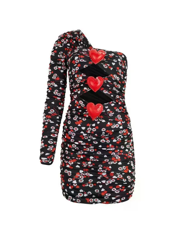 Moschino One-shoulder Floral-print Mini Dress - Black