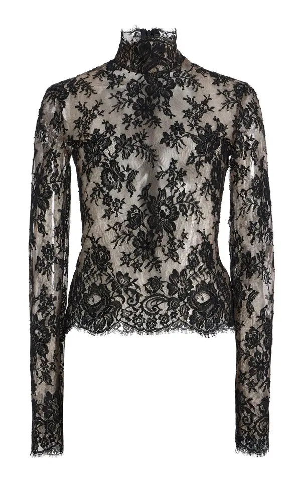 Françoise Paulina High Collar Lace Top - Black
