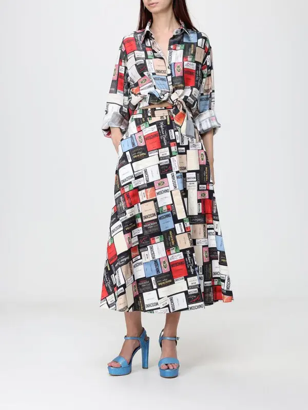 Moschino High-waisted A-line Midi Skirt In Cotton With Graphic Print