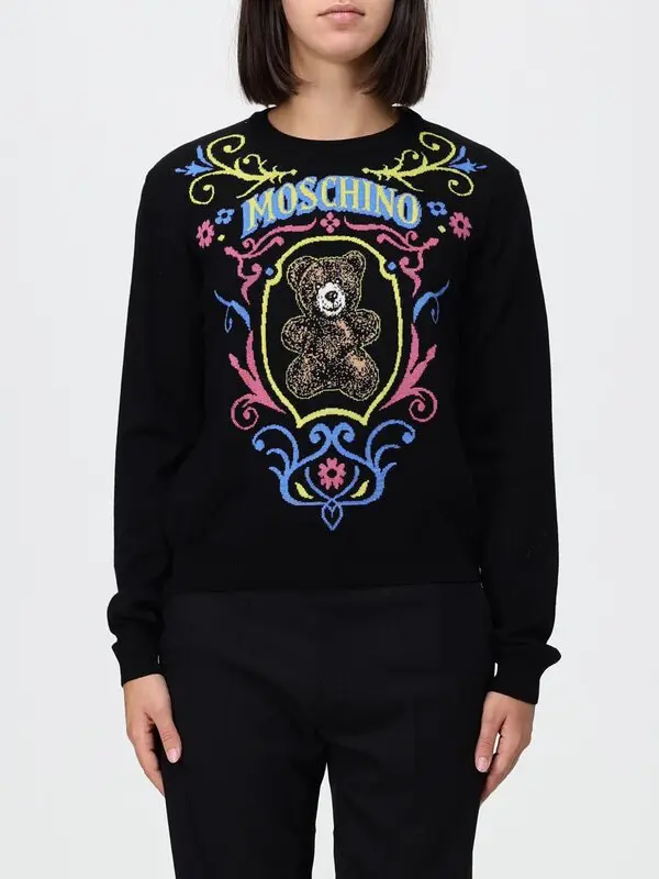 Moschino Teddy Bear Jacquard Logo Crewneck Sweater In 100% Merino Wool - Black