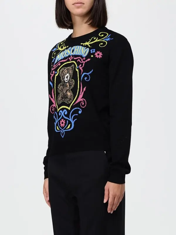Moschino Teddy Bear Jacquard Logo Crewneck Sweater In 100% Merino Wool - Black