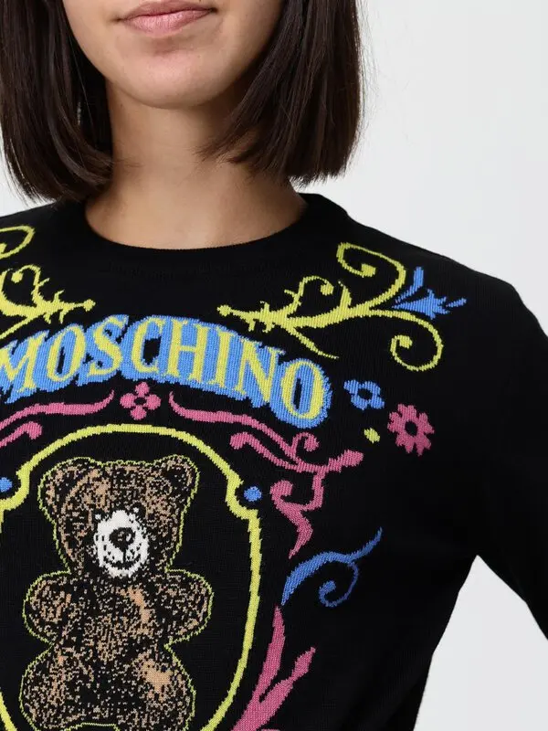 Moschino Teddy Bear Jacquard Logo Crewneck Sweater In 100% Merino Wool - Black