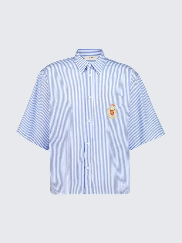 Celine Striped Cotton Short-sleeve Shirt With Embroidered Logo