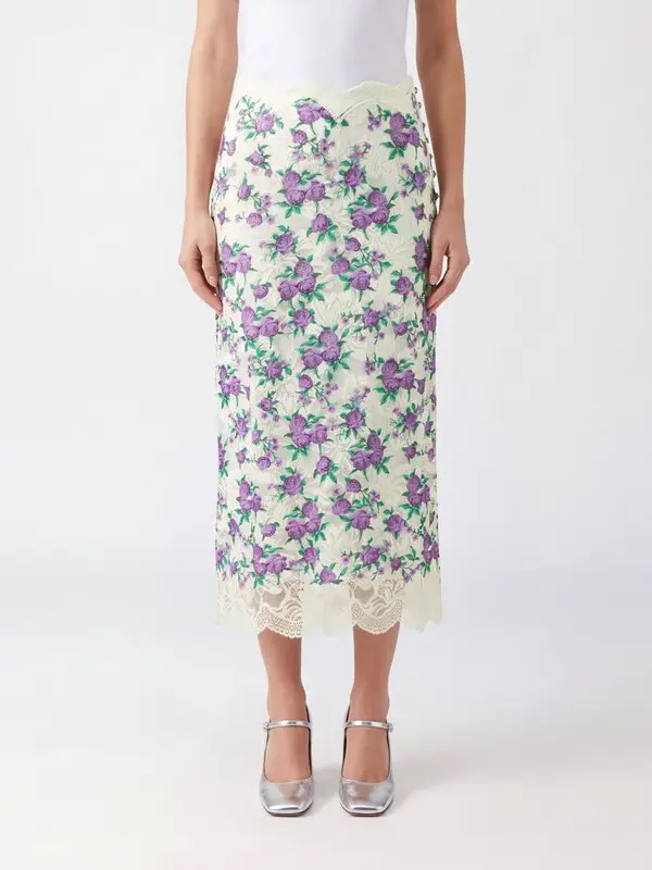 Rabanne Floral Jersey Midi Pencil Skirt With High Waist And Lace Inserts