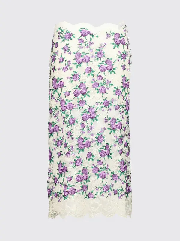 Rabanne Floral Jersey Midi Pencil Skirt With High Waist And Lace Inserts
